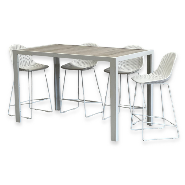 Ekaterina Gardenia 5 Piece Outdoor Bar Tables and Stools Set | White ...